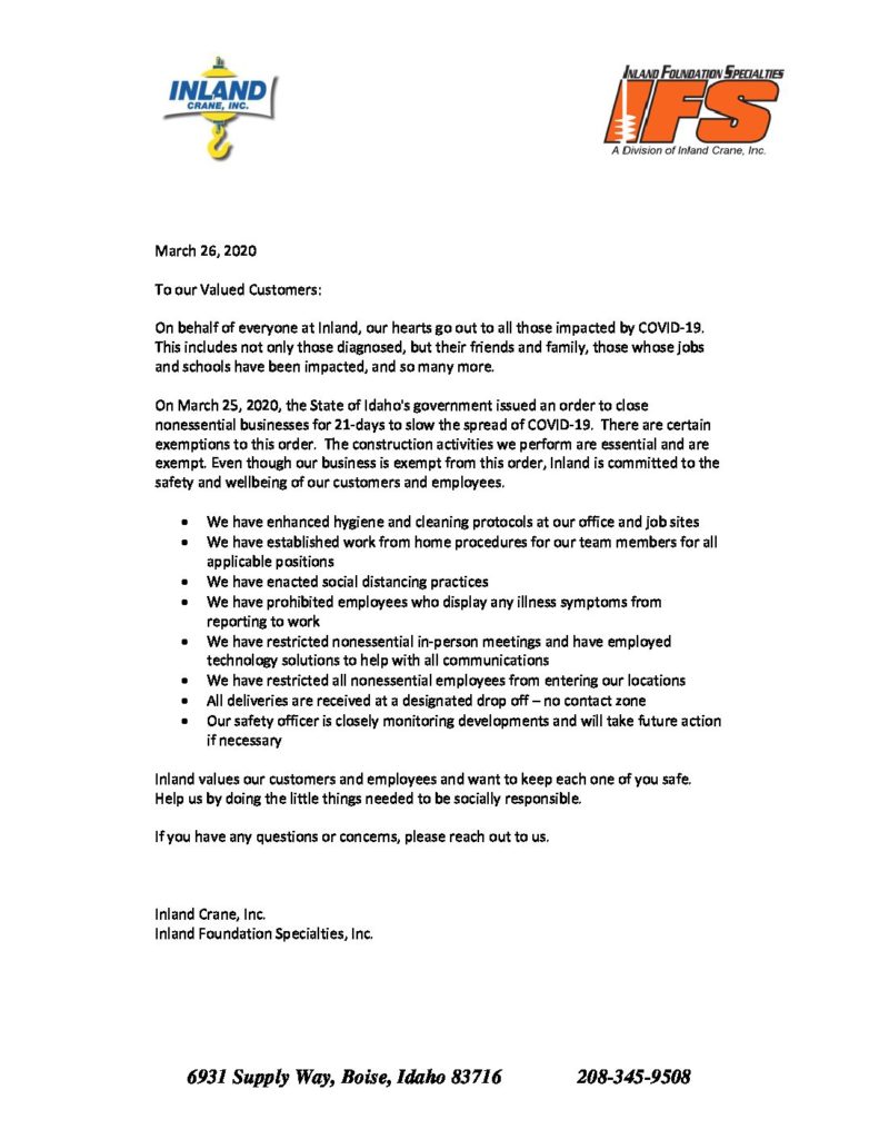 Covid Customer letter - Inland Foundation Specialties